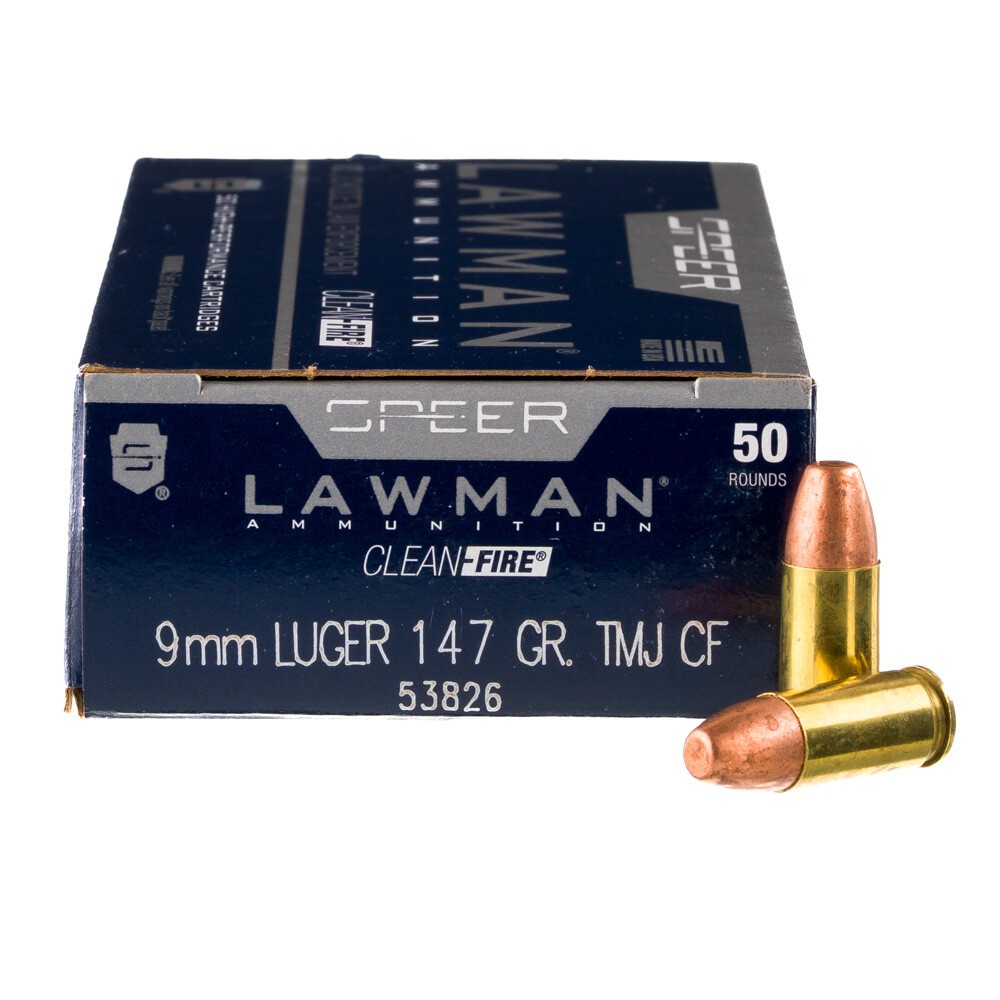 Speer Lawman 9mm Ammunition 147 Grain TMJ Clean Fire 985fps FC Speer Lawman 9mm Ammunition 147 Grain TMJ Clean Fire 985fps FC