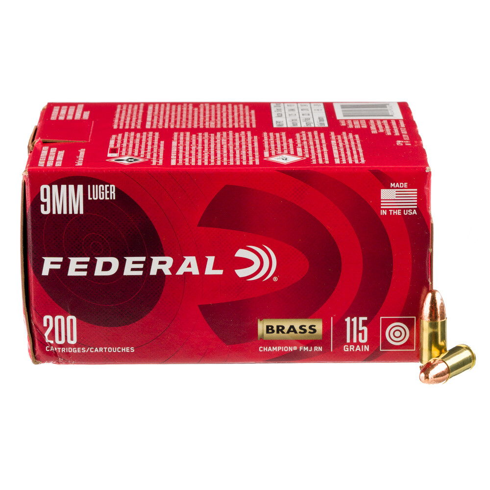 Federal Champion 9mm Luger Ammunition 200 Round Box 115 Grain FMJ 1180fps [FC-604544634211]