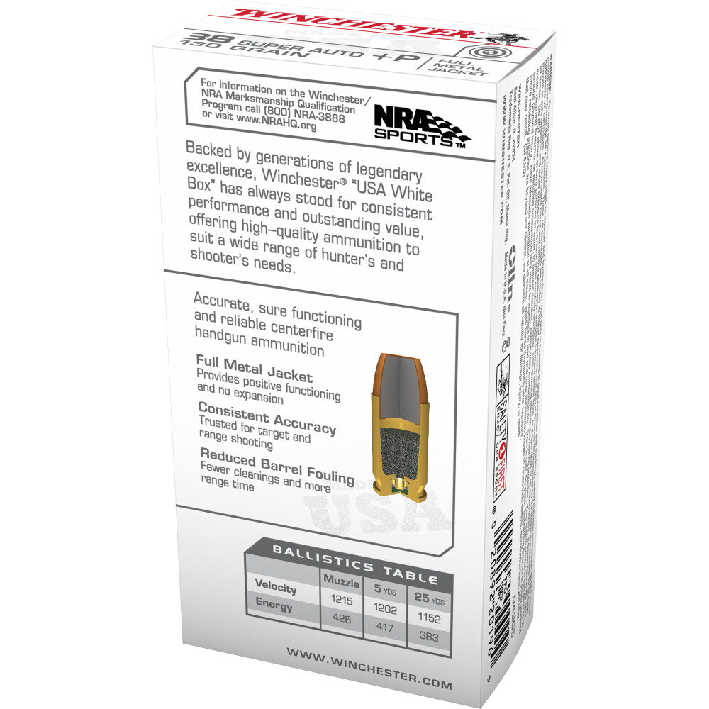 Winchester USA .38 Super +P 130gr FMJ Ammo – 50 Rds [FC-20892201965]