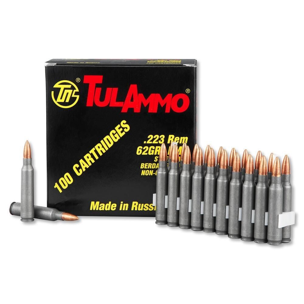 TulAmmo .223 Remington Ammunition, 100 Rounds, Steel Case FMJ, 62 ...