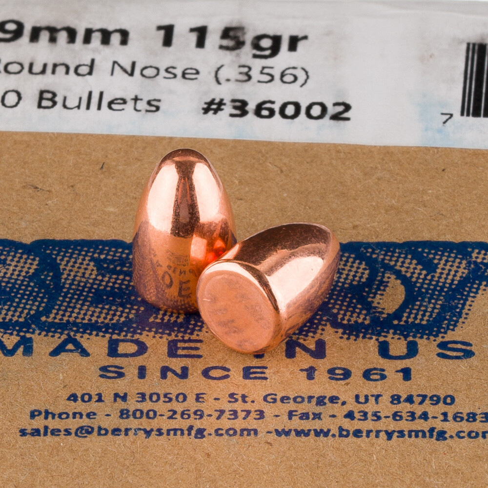 Berry's 9mm Bullets .356" Diameter 115 Grain Round Nose - 1000 [FC ...